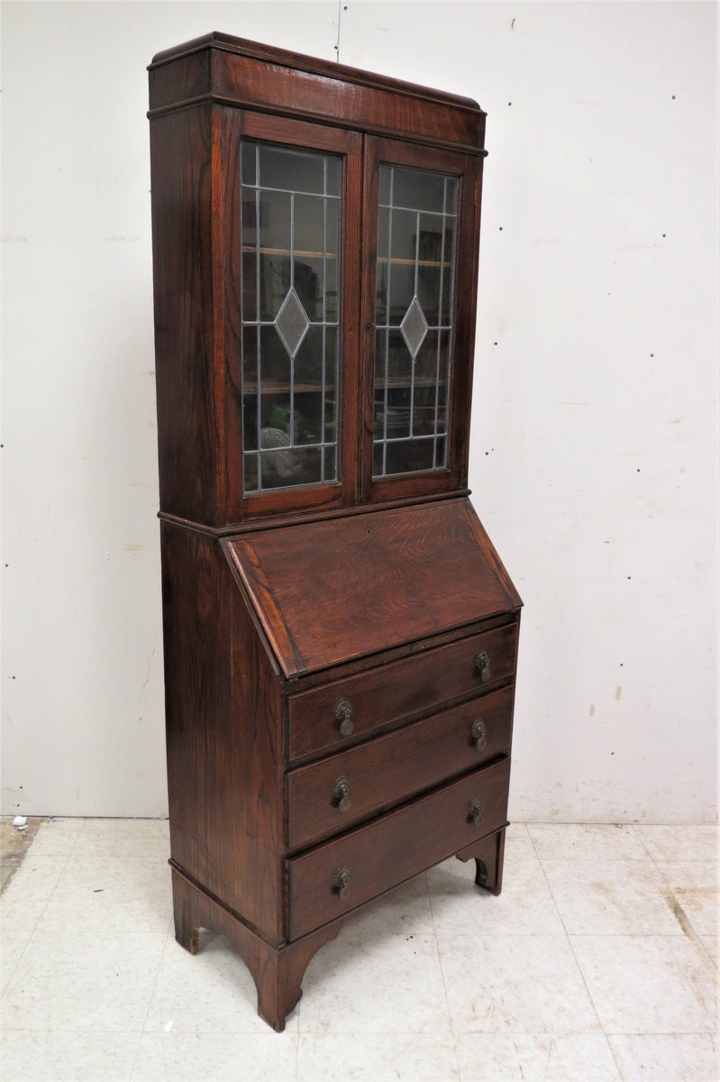 Antique English Drop Front Secretary With Leaded Glass Bookcase Topper ...