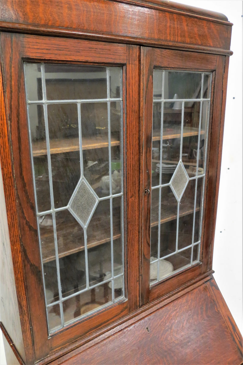 Antique English Drop Front Secretary With Leaded Glass Bookcase Topper ...